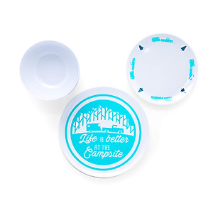 Camco Life is Better at The Campsite Dishware Set | Includes (4) Large Dinner Plates, (4) Small Salad Plates and (4) Bowls | Top Rack Dishwasher Safe | Blue Tree and Truck Design (53294)