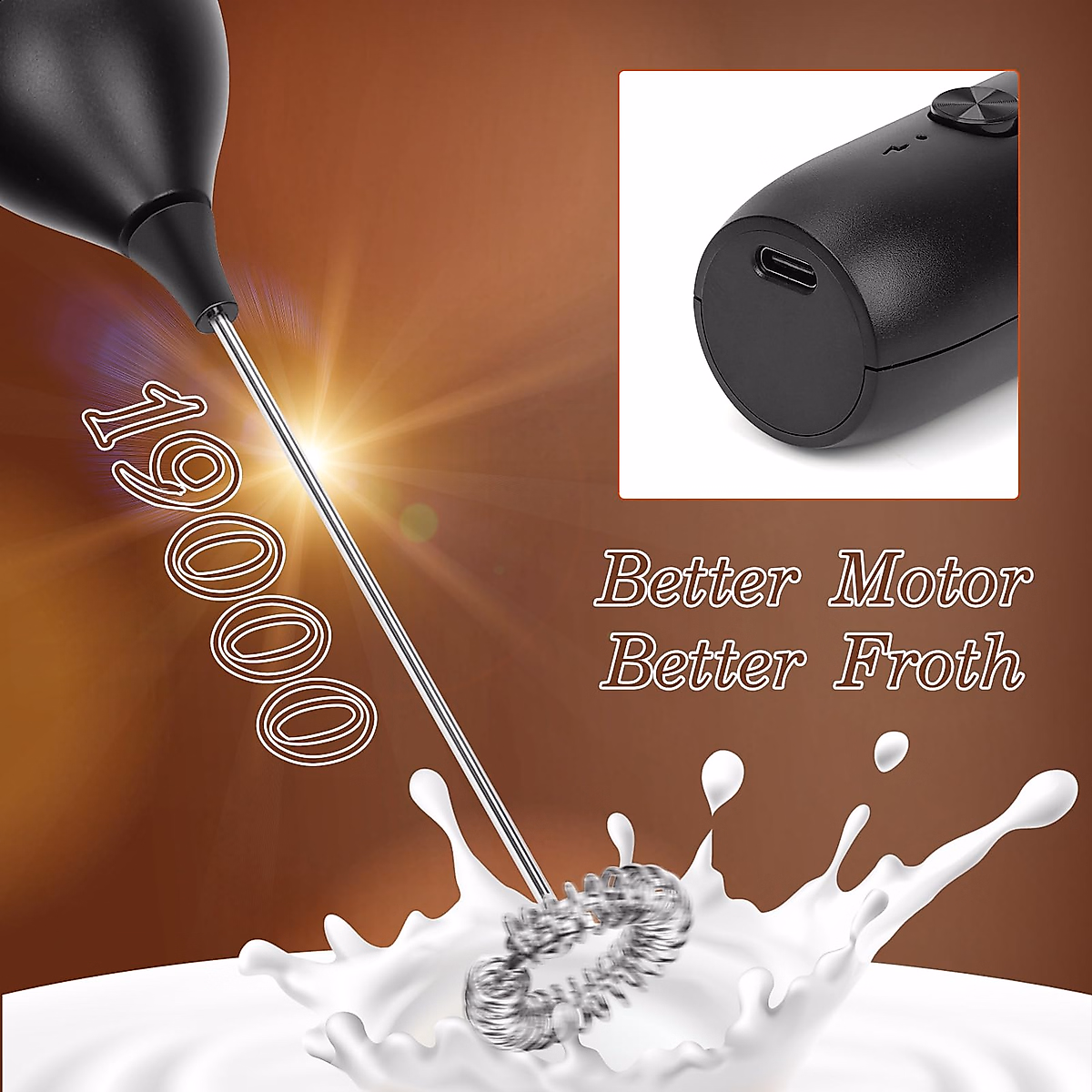 FYY Milk Frother Handheld, Electric Foam Maker with Stainless Steel Whisk, Rechargeable Frother Drink Mixer with USB-C Cable for Coffee, Lattes, Cappuccino, Frappe, Matcha, Hot Chocolate,-Black