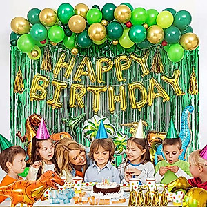 110 pcs Dinosaur Birthday Party Decorations, Ribbon Dot Glue Green Party Decorations Dinosaur Birthday Party Supplies with Happy Birthday Banner Dino Party Decoration for Boys (Gold&Green)