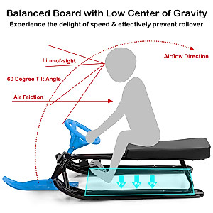 Goplus Steering Ski Snow Racer Sled with Twin Brakes, Steel Frame and High Density HDPE Sledge for Teens and Kids Age 3 and Up (Blue)