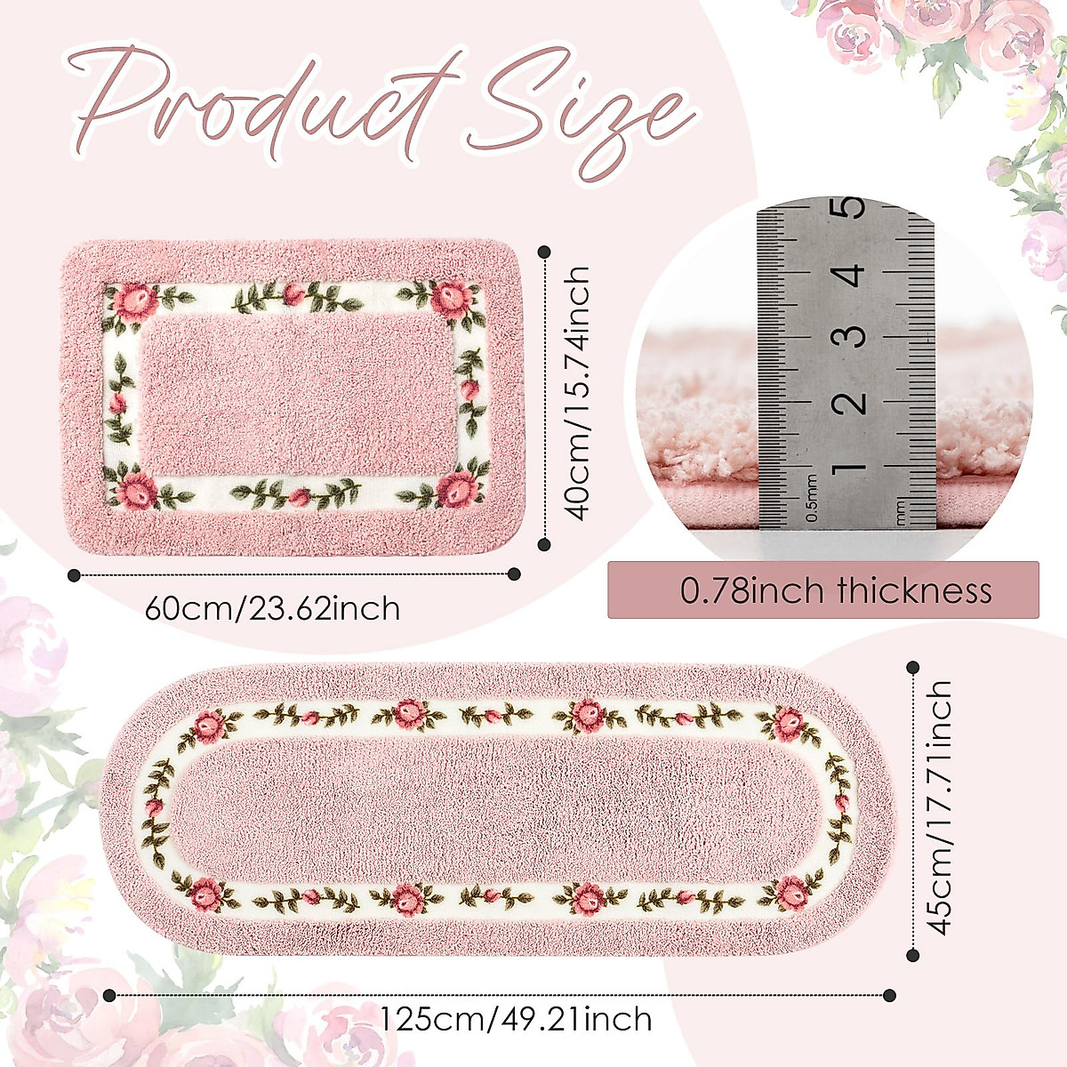Drydiet 2 Pcs Rose Flowers Coquette Bathroom Rugs Set Coquette Bathroom Bedroom Living Room Decor,Floral Flower Rugs for Bedroom Non Skid Absorbent Romantic Rose Flower Area Rugs 2 Shapes(Pink,Small)