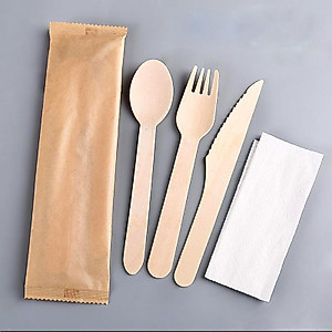 50 Pieces Disposable Wooden Cutlery Set, Premium Kraft Paper Independent Packaging Cutlery Combo: Fork Knive Spoons and Napkin for Home Office Restaurant Party and Outdoor