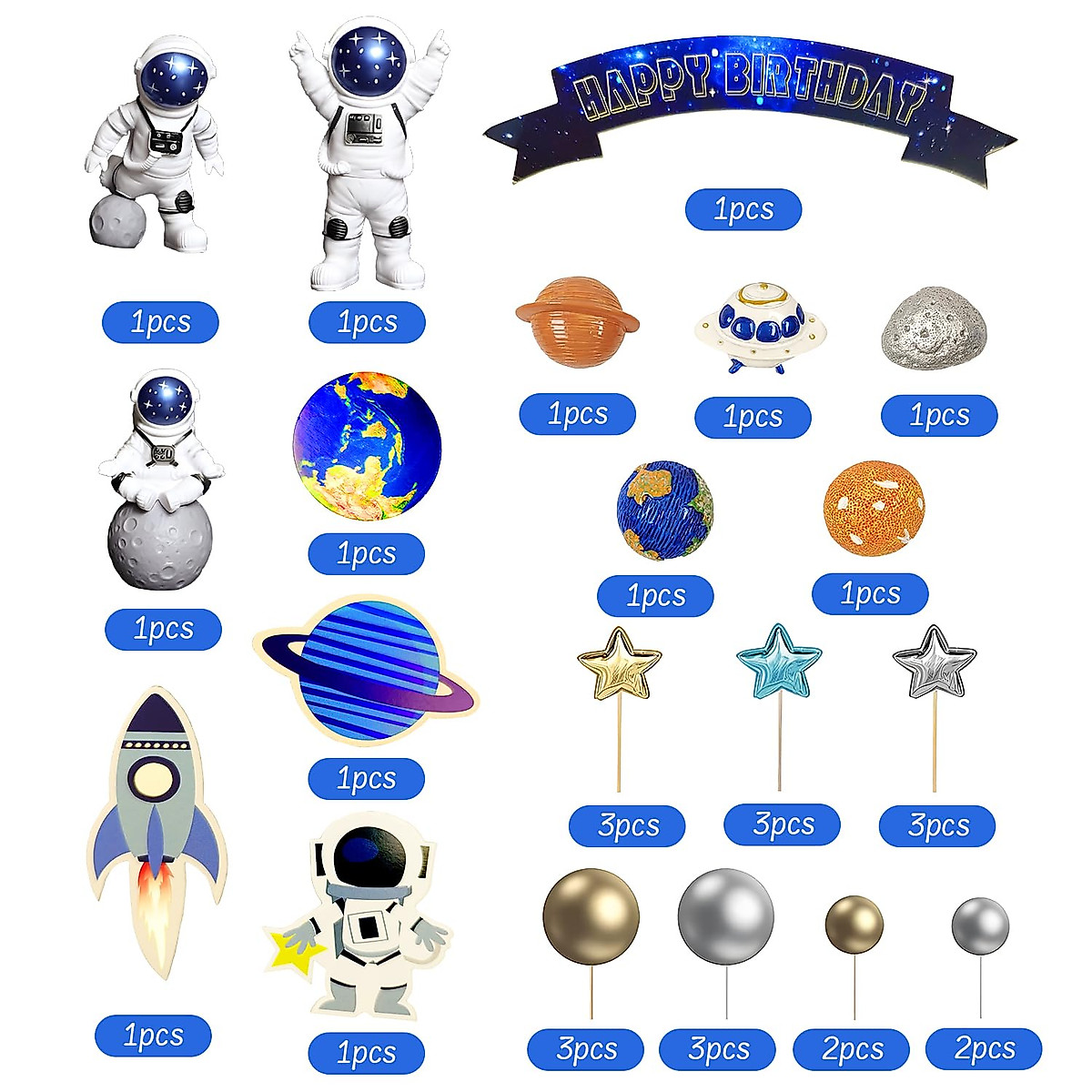 Ayearparty 32Pcs Space Cake Toppers Outer Space Cake Decorations Astronaut Figurines Planet Rocket Stars and Satellite Pearl Balls DIY Cake Toppers for Boys Birthday Baby Shower Themed Party Supplies