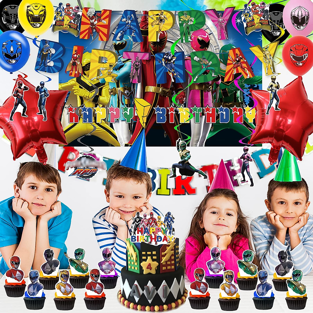 109pcs Cartoon Party Suppliesincludes Birthday Banner, Cake Topper, Cupcake Toppers, Balloons, Tablecloth，Backdrop02