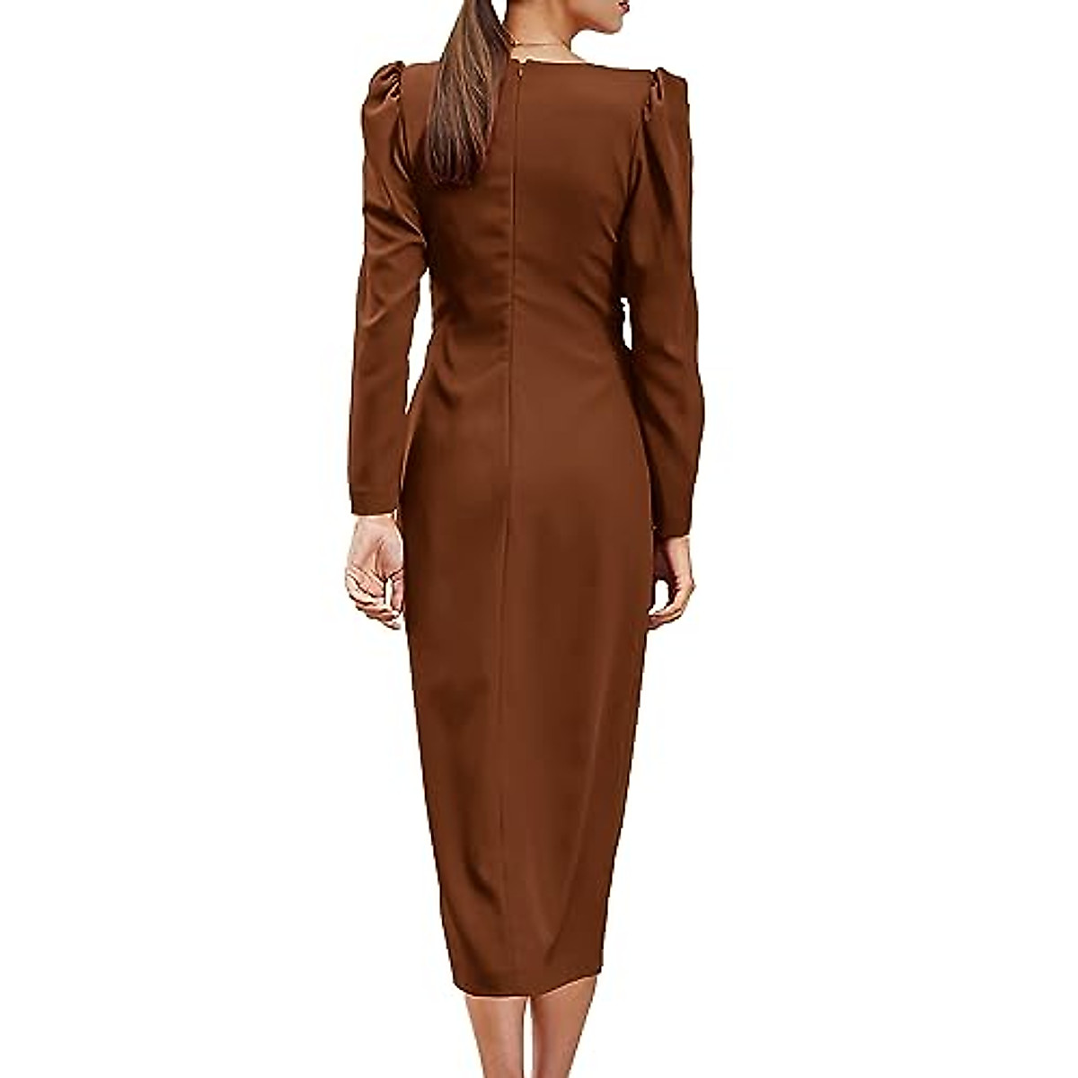 PRETTYGARDEN Women's Spring Fall Fashion Long Puff Sleeve Maxi Dresses V Neck Twist Front Formal Dress with Slit (Coffee,Large)