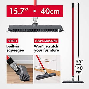2-in-1 Silicone Rubber Broom Carpet Rake and Squeegee - Swivel Pet Hair Removal Broom with Long Handle - Slanted Side Bristles for Corners - Multipurpose Rubber Broom for Carpet, Hardwood Floor, Tile