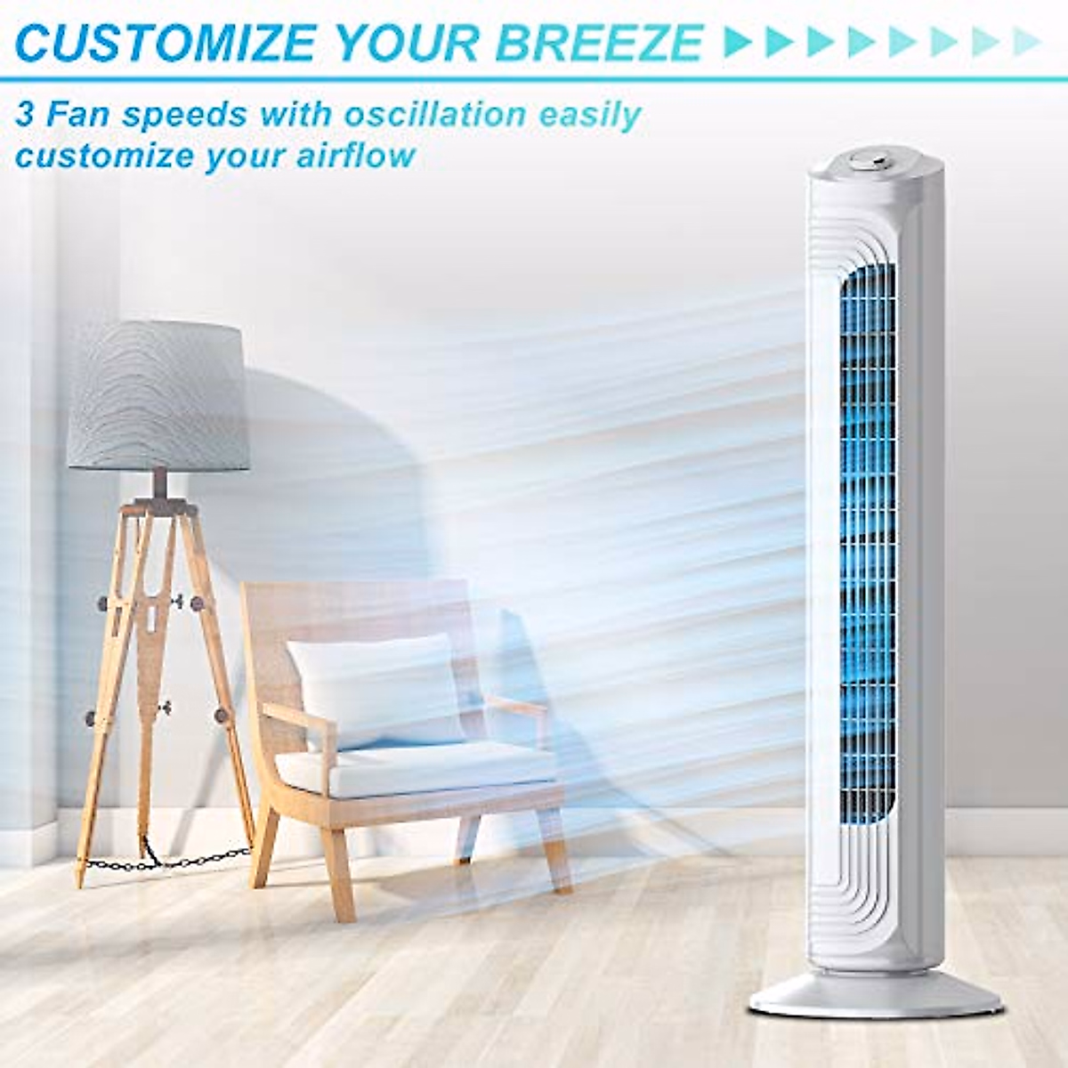 Airvention Tower Fan for Bedroom, Ultra Quiet Breezing, 90° Wide Angle Oscillating Air Circulator, 3 Speed Levels, Small Footprint Design, 32 inch Middle Tower Standing Fan, Space Saving, FZ09, White