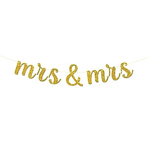 Maicaiffe Mrs ＆ Mrs Banner, Female's Bridal Lesbian Party Bunting Decor, LGBT Wedding Party Decoration Supplies, Gold Glitter