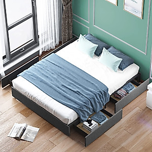 Mixoy Cal King Bed Frame with Four Storage Drawer,Platform Bed Frame with Linen headboardand and Footboard with Drawers, Wood Slats Support.No Box Spring Needed/Easy Assembly(Cal King,Dark Grey)