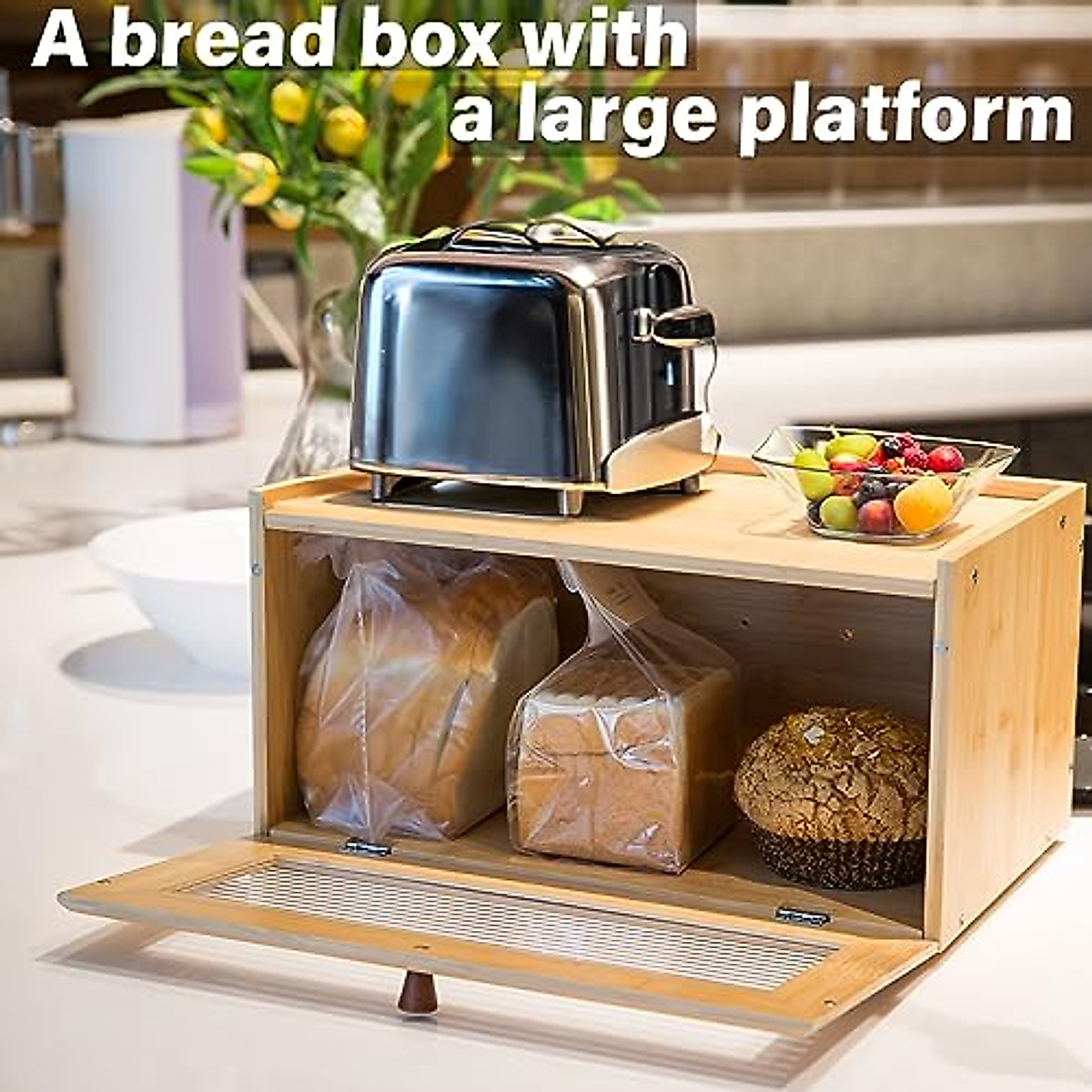 ETMI Bamboo Bread Box for Kitchen Countertop-Large breadbox Wooden Clear Bread Box with Window Bread Holder