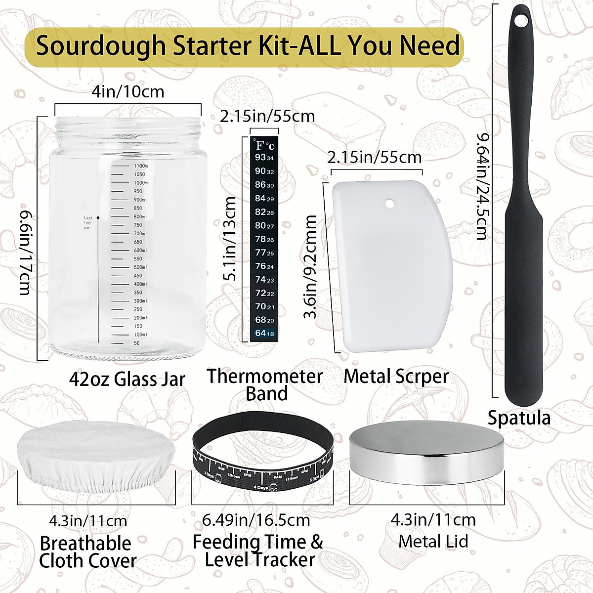 Nolniu Sourdough Starter Jar, 42 oz Large Capacity Sourdough Starter Jar with Date Marked Feeding Band, Sourdough Jar Scraper, Cloth Cover & Metal Lid, Sourdough Starter Kit