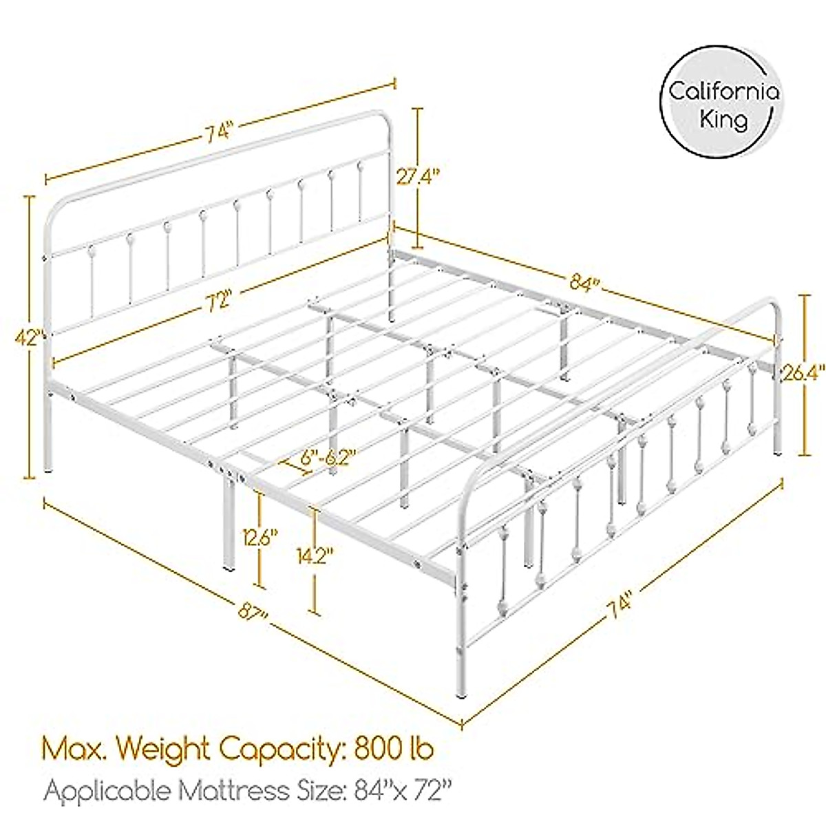Topeakmart California King Size Victorian Style Metal Bed Frame with Headboard/Mattress Foundation/No Box Spring Needed/Under Bed Storage/Strong Slat Support White