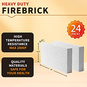 Fire Brick Insulating Fire Bricks for Wood Stove Forge(Pack of 24)2400F Rated FireBrick Clay Firebricks Replacement Insulation Fire Block for Grill Fireplace Fire Pit Kiln Pizza Oven (9"x4.5"x1.25")