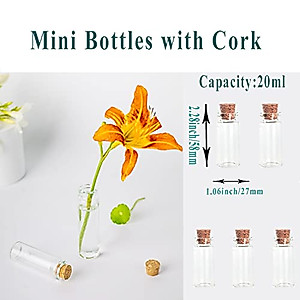 JFWOD 20ml Small Mini Glass Bottles Jars with Cork Stoppers for DIY Perfume Jar Necklace Wedding Birthday Party Favors Spell Jars Wish Bottles Mini Jars 50pcs Eye Screws and 10 Meters Twine