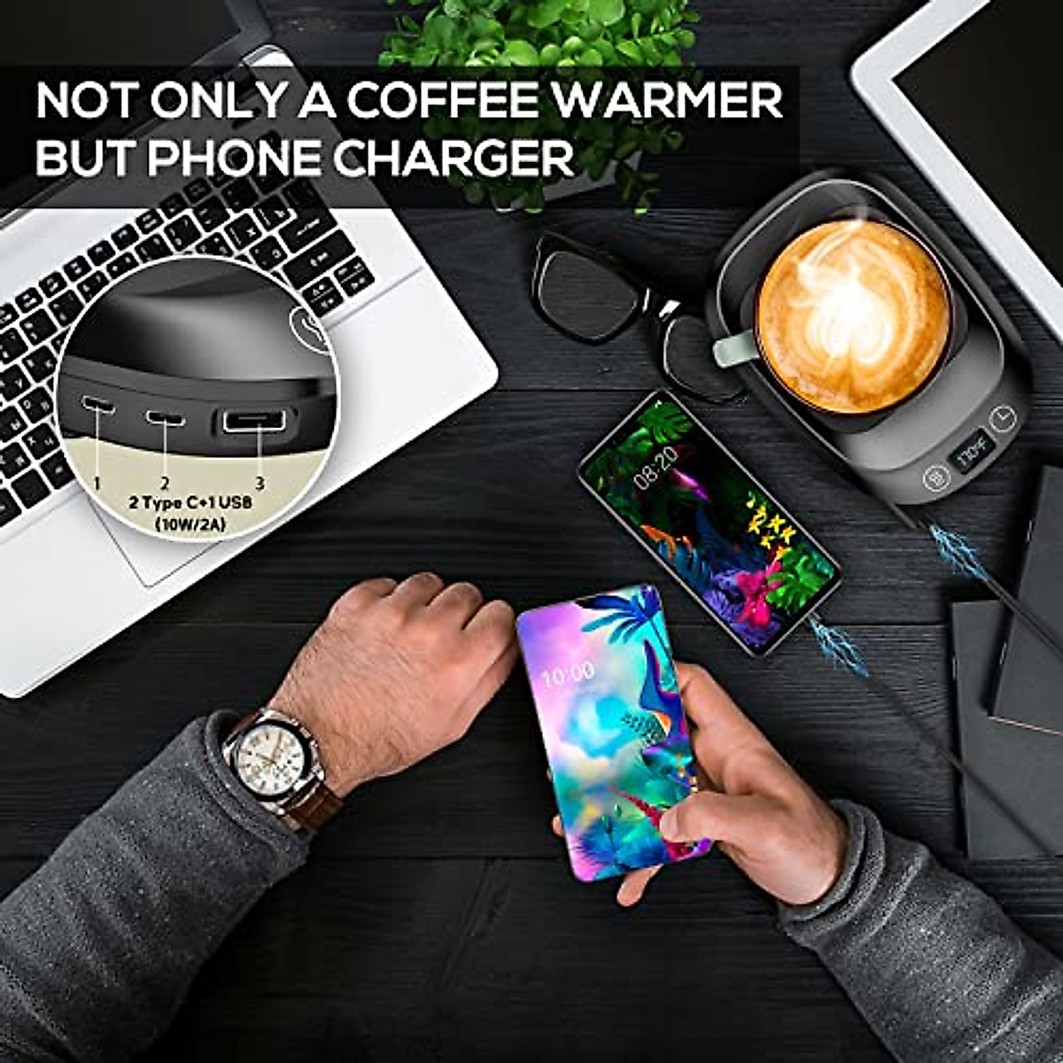 Coffee Mug Warmer, 70W Coffee Cup Warmer with 3-Temps Settings(130 ~ 170°F), Auto Shut Off and Timing Function,USB Coffee Warmer with Phone Charger Desk Use,Beverage Warmer Keep Coffee Tea Milk Hot