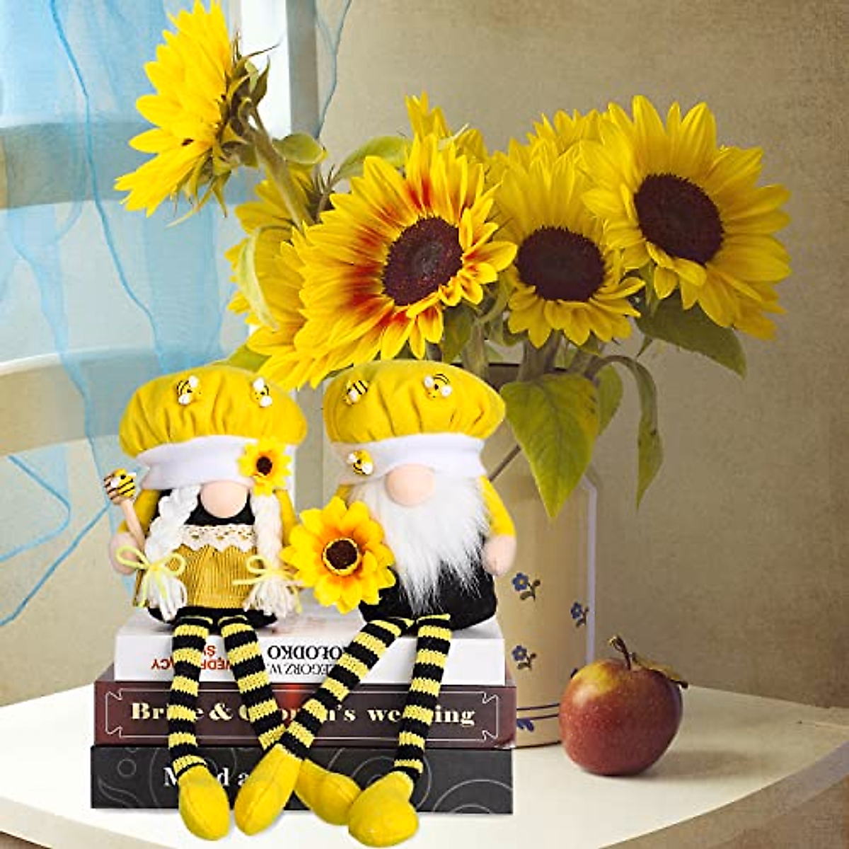 Argodaze 2PCS Bumble Bee Long Feet Gnomes Mr and Mrs Lovely Elf for Home Handmade Honeybee Plush Rustic Farmhouse Tomte