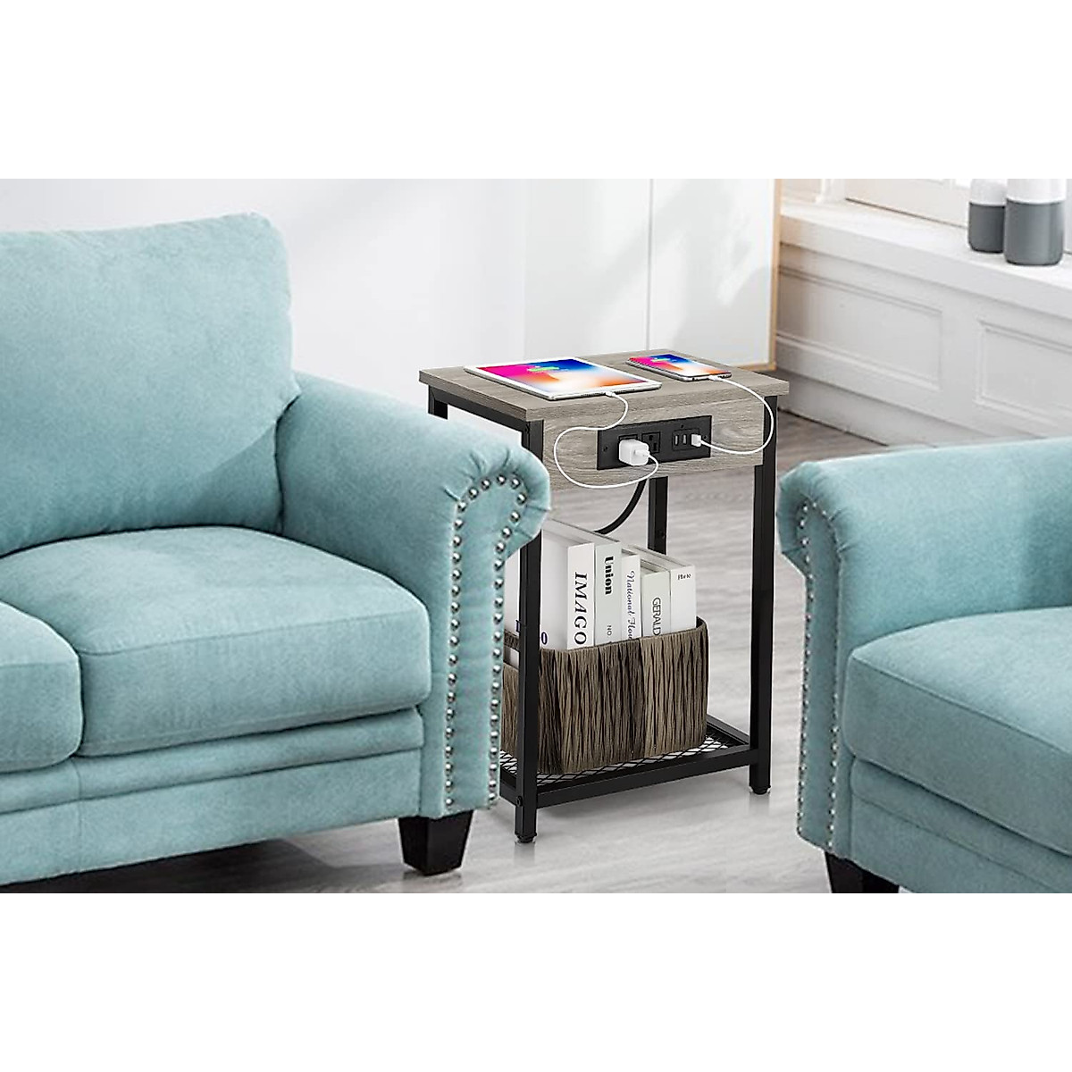 melos Nightstands with Charging Station, 2 Tier Bedside Table with USB Ports and Outlets, Narrow End Table with Storage Shelf, Side Tables for Bedroom, Living Room, Gray