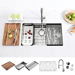 ATTOP Undermount Workstation Kitchen Sink With Faucet,32 Inch Undermount Kitchen Sink Stainless Steel Single Bowl Workstation Sink