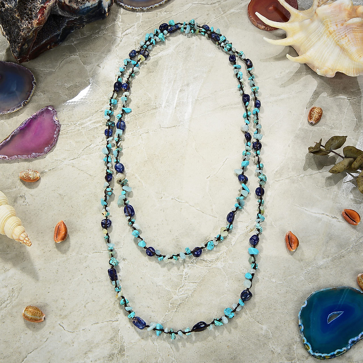 MGR MY GEMS ROCK! Beaded Sodalite Mix Stone Endless Infinity Long or Multi layered Boho Statement Necklace, 60" Long.