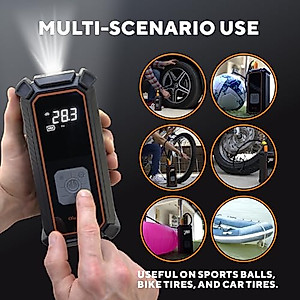 OlarHike Portable Tire Inflator - Air Compressor for Car Tires with Automatic Shutoff - 120 psi Digital Pressure Gauge and Emergency LED Light - Cordless and Compact Automotive Pump - Black and Orange