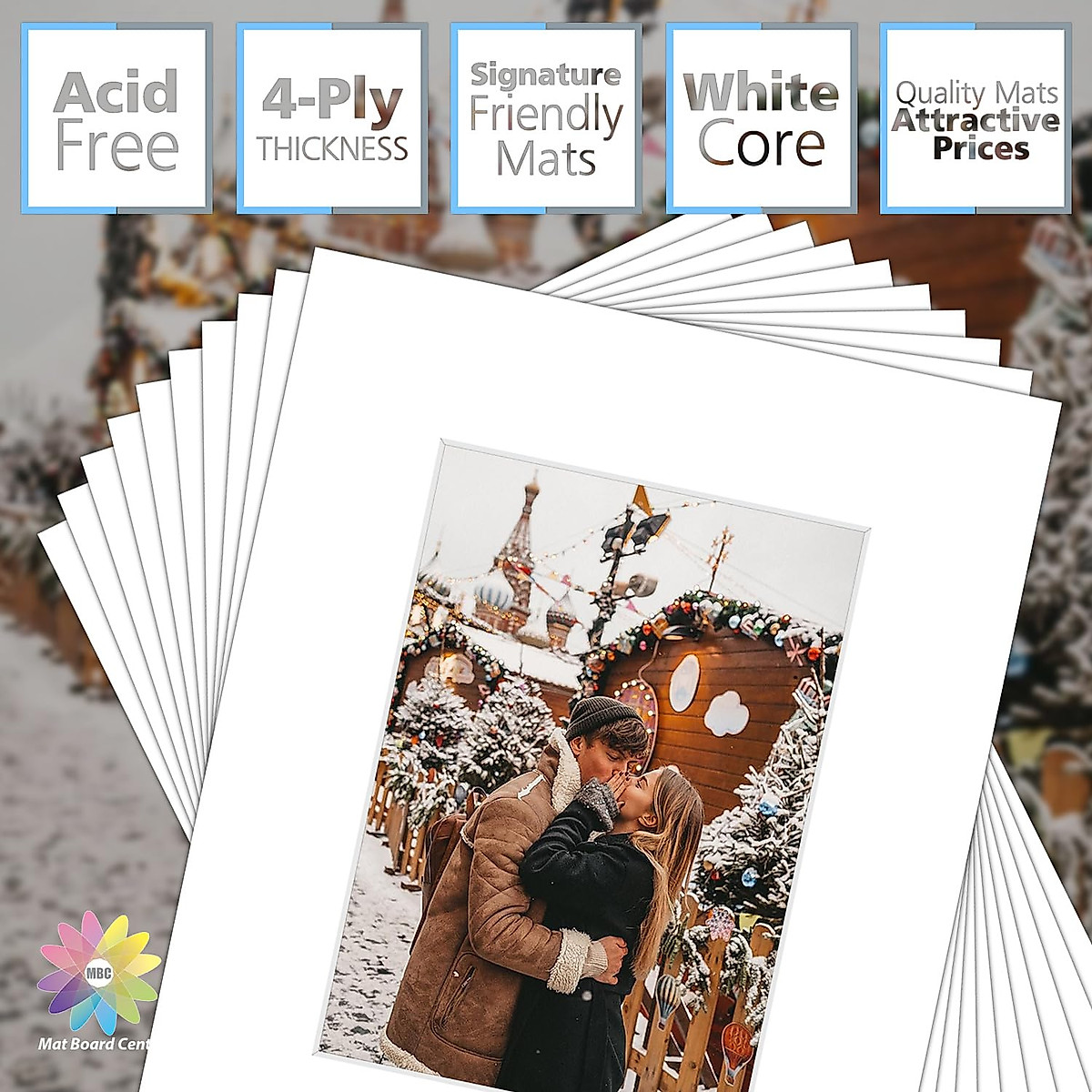 Mat Board Center, 10-Pack, 8x10 White Mats for 5x7 Pictures - White Core Bevel Cut Mattes, 4-Ply - Acid-Free, Photo Mat Board