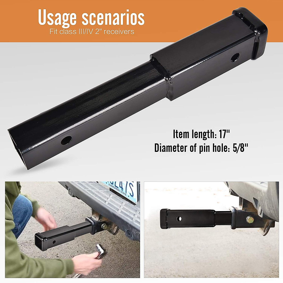 Fullwatt 12" Trailer Hitch Extension for 2-Inch Receiver Tube Extender Receiver Extension Tube Extenders 5/8" Pin Hole 4000 LBS Tow Capacity (12")