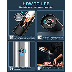 SoulFox Electric Salt and Pepper Grinder Set with USB Rechargeable - No Battery Needed - One Handed Operation - White Light - Adjustable Coarseness Automatic Electronic Spice Mill Shakers Refillable