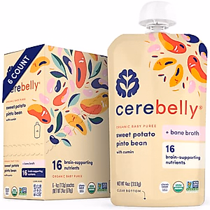 Cerebelly Organic Sweet Potato Pinto Bean & Chicken Bone Broth Puree | 6+ Months Baby Food Pouches | Non-GMO, Tested for Heavy Metals | Protein, Healthy Fats, 16 Nutrients | 4 Oz Pouch (6 Pack)