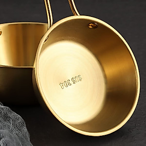 Dadamong 2Pcs Makgeolli Bowls, 304 Stainless Steel Korean Traditional Bowls Round Rice Bowl Wine Cup with Handle, Hiking Soup Dish Food Bowl Camp Cup (Small: 6.5oz, 3.9inch, Gold)