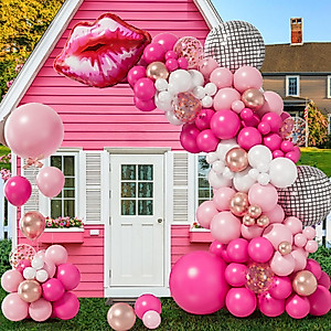 Pink Balloon Garland Arch Kit with Hot Pink Rose Gold Chrome Balloons with Heart Lip Silver Disco Ball Balloon for Girls Birthday Princess Party Background Valentine's Day Baby Shower Decorations