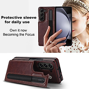 XIMAND for Samsung Galaxy Z Fold 5 Wallet Case with Credit Card Holder and S-Pen Holder,Fold Premium Leather Magnetic Clasp Kickstand Heavy Duty Protective Cover.(Brown)