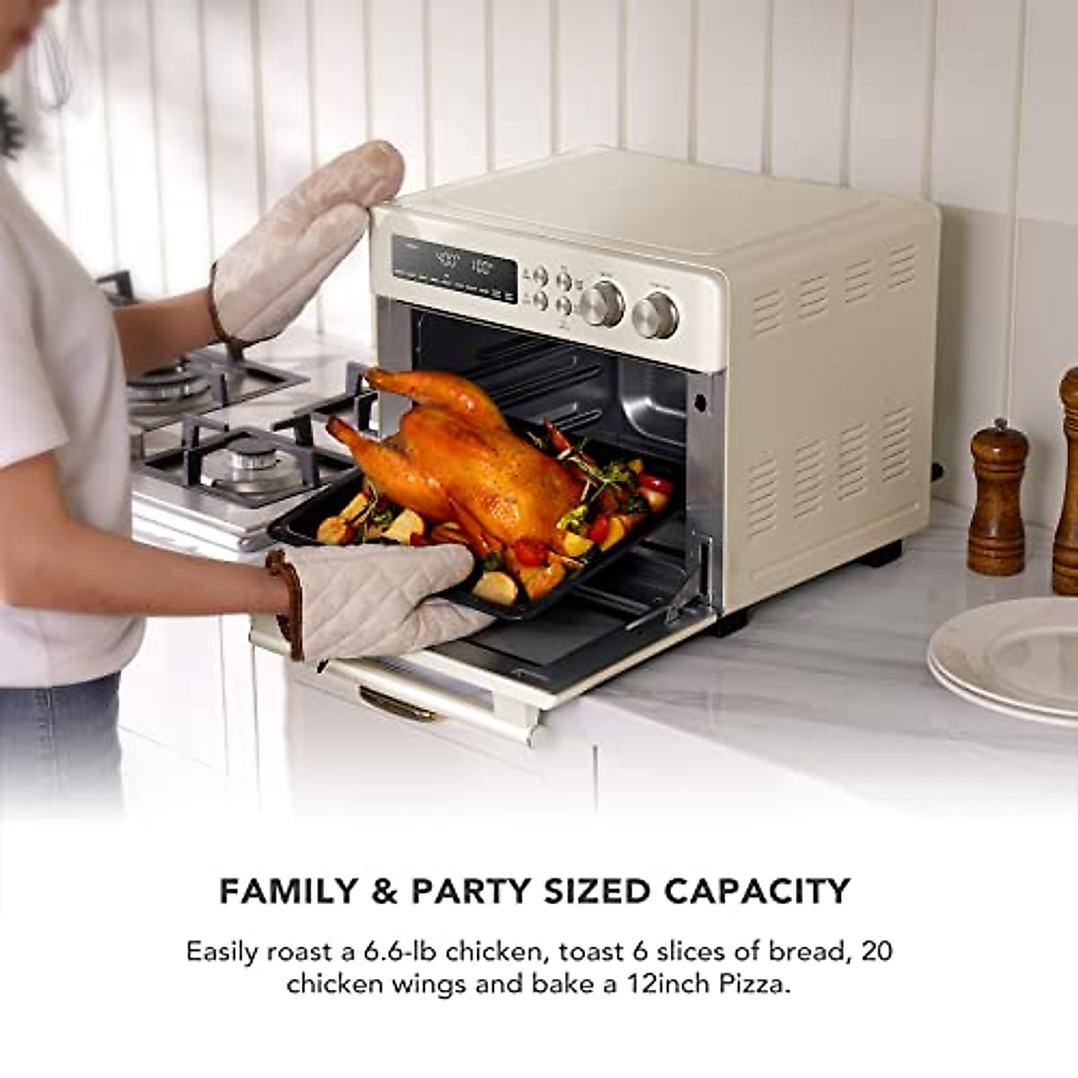 VAL CUCINA Retro Style Infrared Ultra-Quick Air Fryer Toaster Oven, Multifunctional 10-in-1 XL Countertop Convection Oven, 6-Slice Toast, 12-Inch Pizza, Enamel Baking Pan for Easy Cleaning, with Bake, Toast, Roast, Broil, Pizza, Reheat, Slow Cook, Dehydra