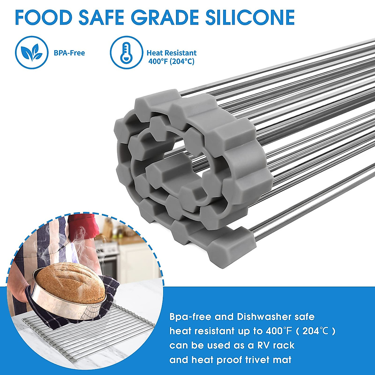 AOUAO Roll Up Dish Drying Rack,Multipurpose Stainless Steel Over The Sink Drainer Rack,Kitchen Portable Dish Rack (Round)