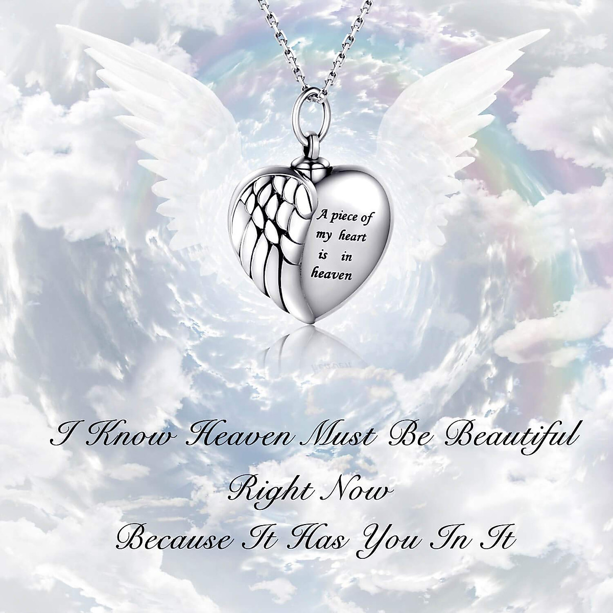 925 Sterling Silver Angel Wing Heart Urn Pendant Necklace For Ashes - A piece of my heart is in heaven Memorial Keepsake Cremation Jewelry (Wing)