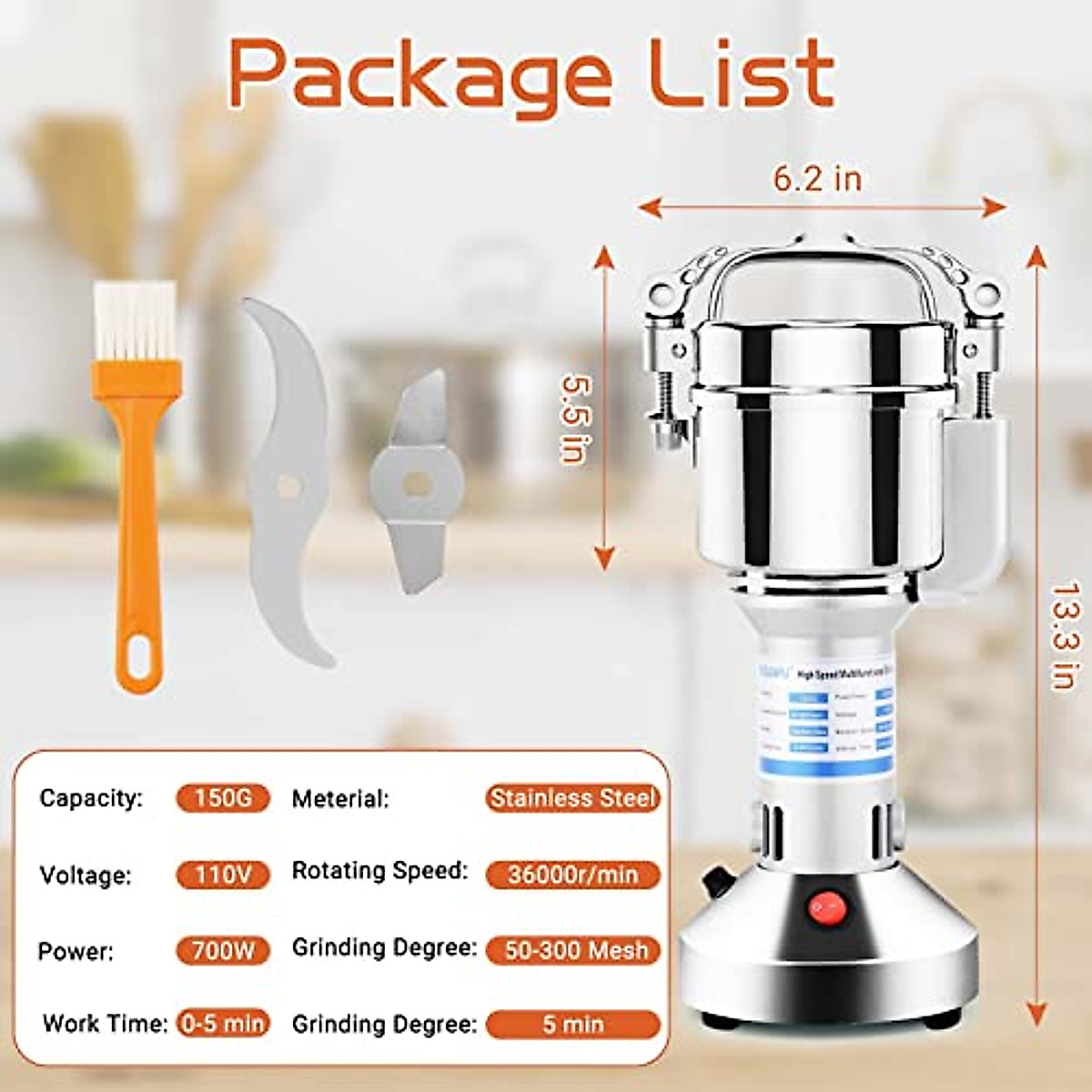 BAOJIAFU Electric Grain Mill Grinder 150g High-speed Grain Spice Herb Grinder 700W Dry Grinder Machine 304 Stainless Steel Superfine Powder Grinder 36000r/min for Kitchen Home and Commercial (150G)