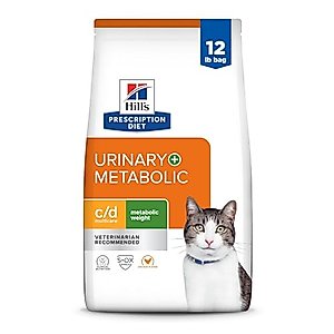 Hill's Prescription Diet c/d + Metabolic, Urinary + Weight Care Chicken Flavor Dry Cat Food, Veterinary Diet, 12 lb. Bag