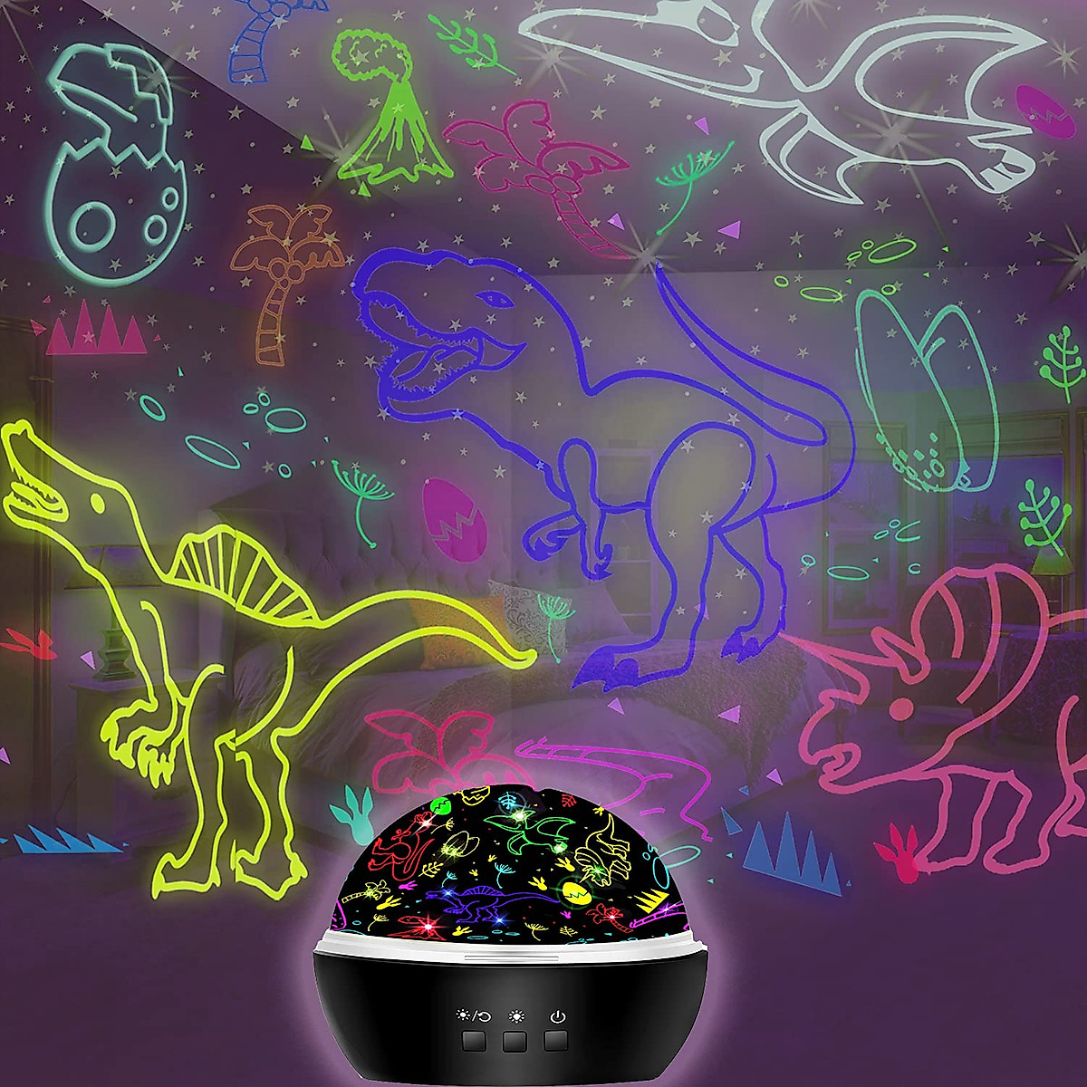 MINGKIDS Night Light for Kids,2 in 1 Rotating Projector Lamp with Dino&Vehicles Theme,Baby Night Light Ceiling Projector for Bedroom Kids Room Decor