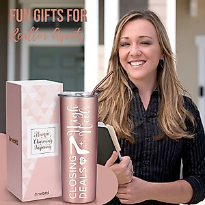 Onebttl Realtor Gifts for Women, Clossing Deals In High Heels, Funny Gifts for Real Estate Agent, Salesman, Boss, Coworkers, Employees, 20 Oz Stainless Steel Tumbler, Rose Gold