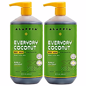 Alaffia Sensitive Skin Body Wash Pack, Everyday Coconut Body Wash for Men & Women, Natural Body Wash with Plant Based Ingredients, Coconut Oil, Coffee, Vitamin E, Purely Coconut (2 Pack-32 Fl Oz Ea)
