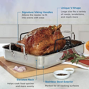 Viking Culinary 3-Ply Stainless Steel Roasting Pan, Includes a Nonstick Rack, Dishwasher, Oven Safe, Works on All Cooktops including Induction