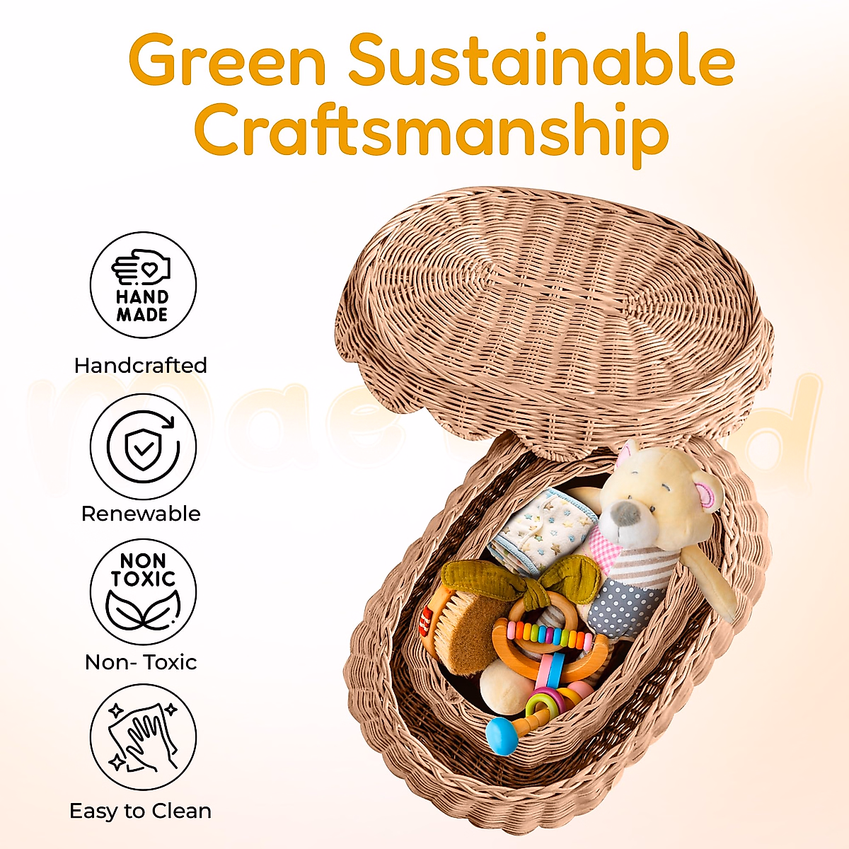 Small Basket Set of 2, Hand Woven Scallop Rattan Baskets - Storage Basket with Lid, Nursery Storage, Scalloped Edge Basket, Scalloped Wicker Basket, Home Decor for any room 15 x 10 x 6