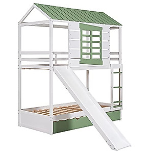 DEYOBED Twin Over Twin House Bunk Bed with Slide for Kids, Wooden Bunk Beds with Trundle for Girls Boys, Slide Playhouse Bed, White+Green