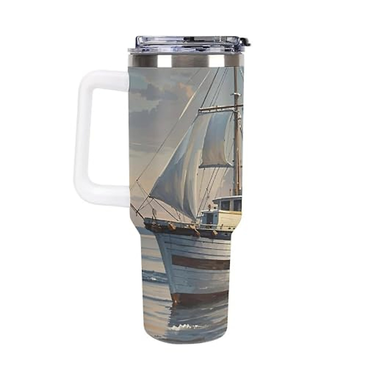 LLUTSNTH 40 Oz Vacuum Tumbler with White Handle Leakproof Insulated Tumbler Ship And Compass Stainless Steel Travel Mug with Lid And Straw Coffee Cup Cute Water Bottles Cup Holder Friendly