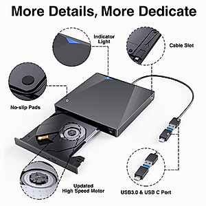 VersionTECH. External CD DVD Drive USB 3.0 Type-C, Portable USB C Superdrive Burner Player Writer CD DVD +/- RW, Compatible for Windows 10 8 7 XP Vista Mac OS Linux for Mac Pro Air iMac Laptop