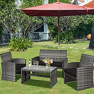 WYKDD 4PCS Patio Rattan Furniture Set Conversation Glass Table Top Sofa Cushioned Loveseat Single Chairs