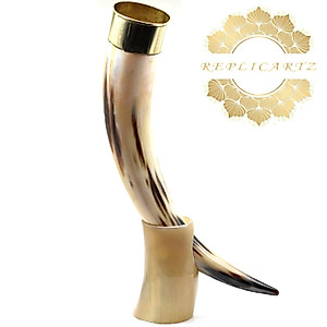 Natural FInish Authentic Handcrafted Viking Drinking Horn - 12" Natural - Best for Beer, Mead, Ale… (Brass Rim Polished)