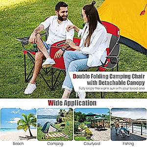 Tangkula Loveseat Camping Chair with Adjustable Shade Canopy, Portable Beach Chair with Cooler Bag, 2 Cup Holders, Carrying Bag, Foldable Double Lawn Chair for Travel, Fishing, Picnic (Red)