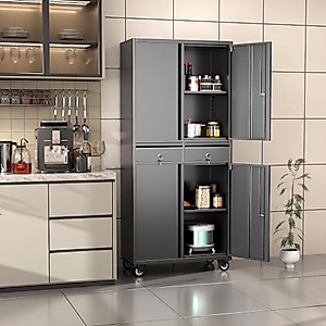 GLADIW Garage Storage Cabinet with Wheels, Metal Garage Storage Cabinet with 2 Drawers and 2 Adjustable Shelves for Homes, Offices, Kitchens, Schools and Pantries