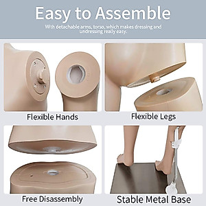 Male Mannequin Full Body Dress Form Sewing Dress Model Stand Adjustable 73 inch Realistic Detachable Manikin Body Display Head Arm Rotation Metal Base