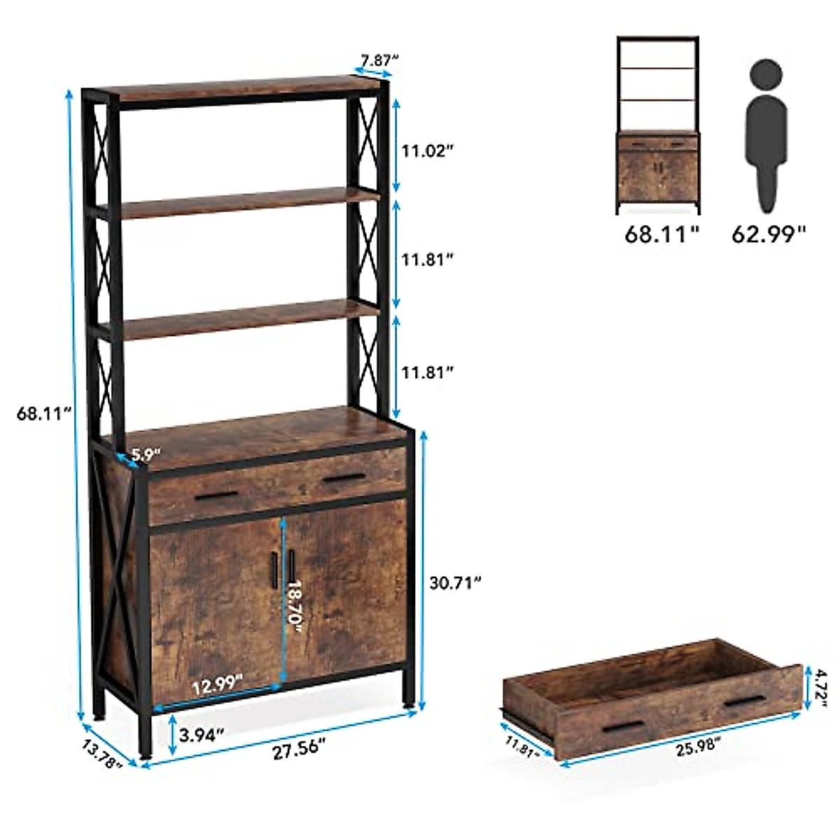 LITTLE TREE 4-Tier Bookshelf Bookcase with Drawer, Tall Industrial Etagere Book Shelves Storage Cabinet for Living Room, Home Office, Rustic Brown